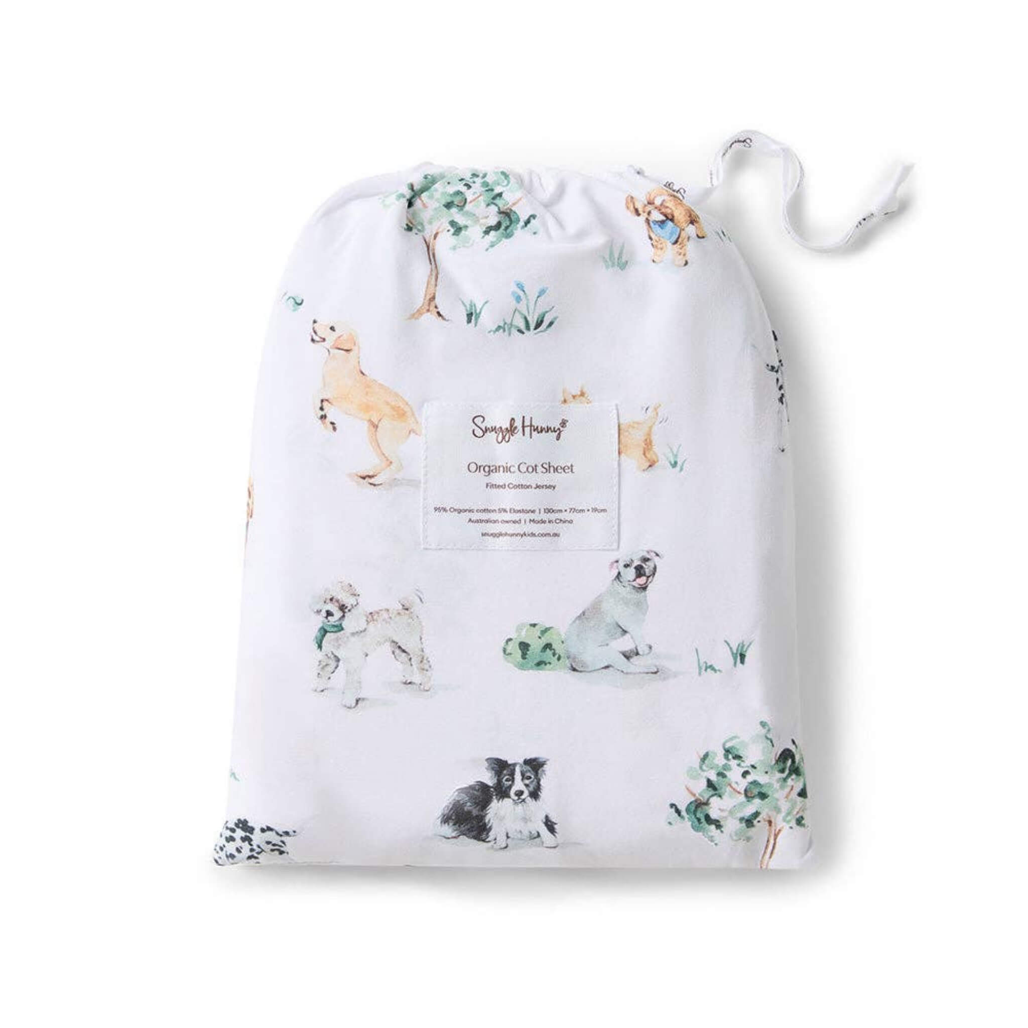 Organic Cotton Cot Sheet | Dog Park Print Fitted Cot Sheet