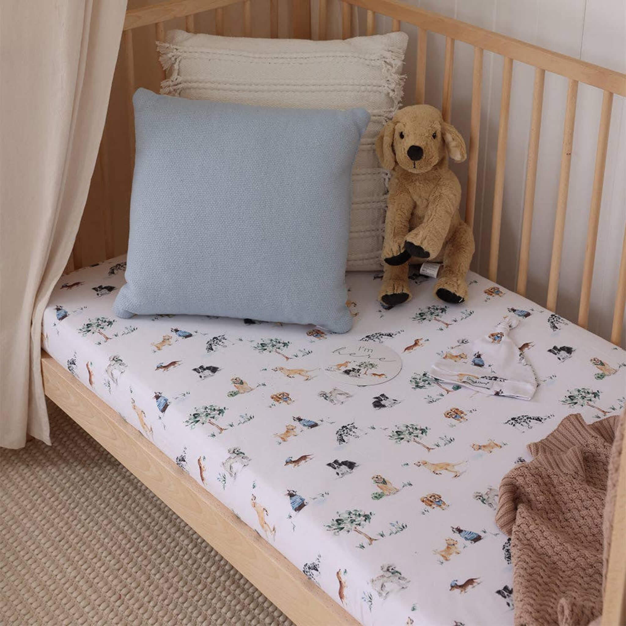 Organic Cotton Cot Sheet | Dog Park Print Fitted Cot Sheet